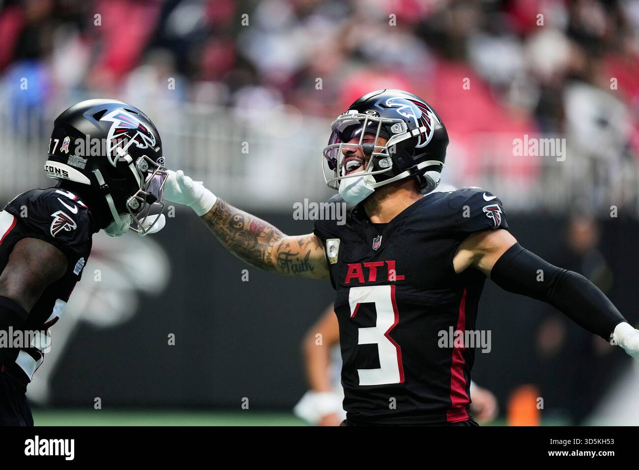 Atlanta Falcons safety Jessie Bates III (3) celebrates a defensive stop ...