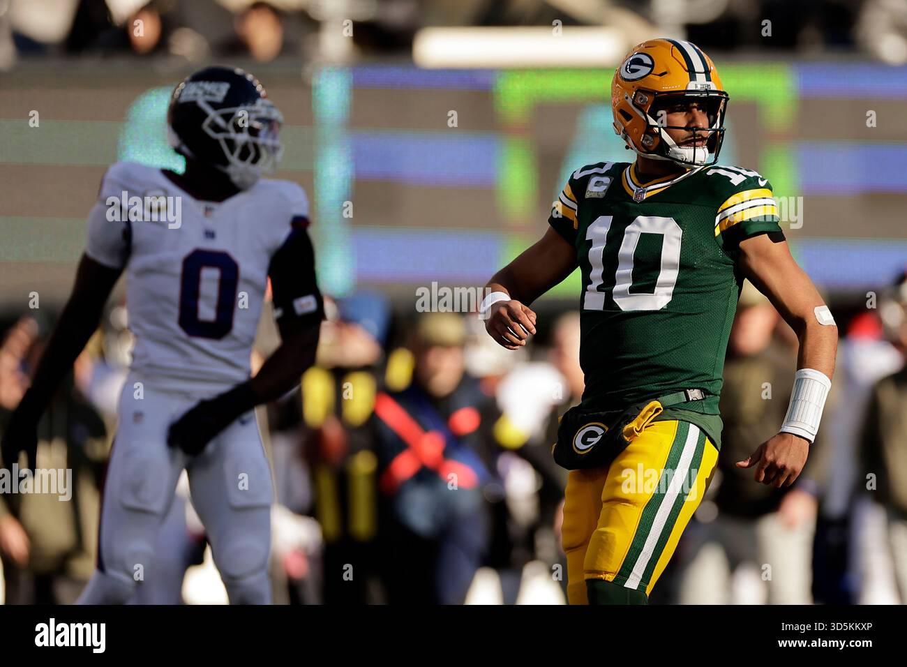 Green Bay Packers quarterback Jordan Love (10) reacts next to New York ...