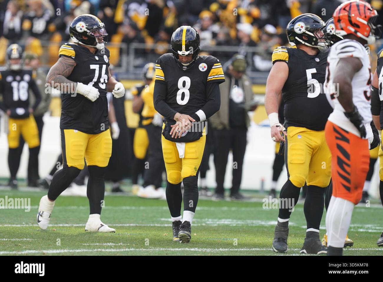 Pittsburgh Steelers quarterback Aaron Rodgers (8) holds his arm after a ...