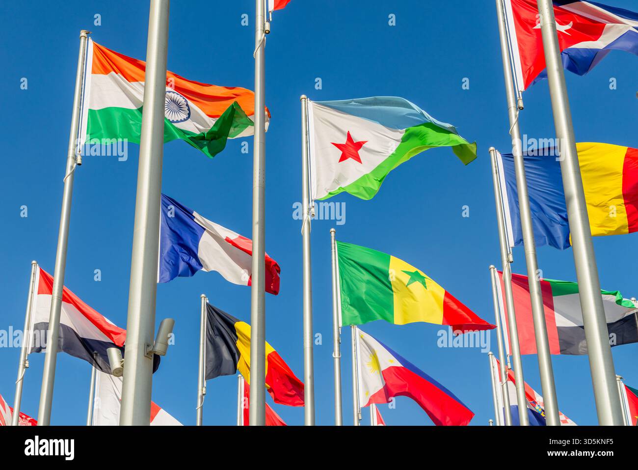 Many world's countries national flags waving on the wind, with Djibouti ...