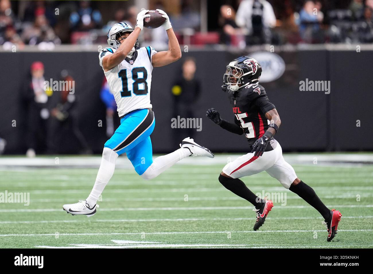 Carolina Panthers wide receiver Jalen Coker (18) pulls in a pass ...