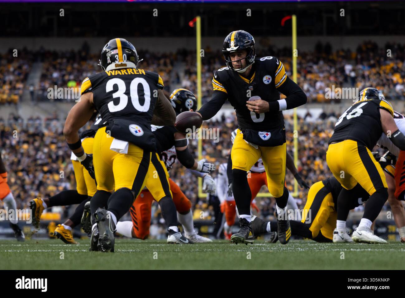 Pittsburgh Steelers quarterback Aaron Rodgers (8) hands off to running ...