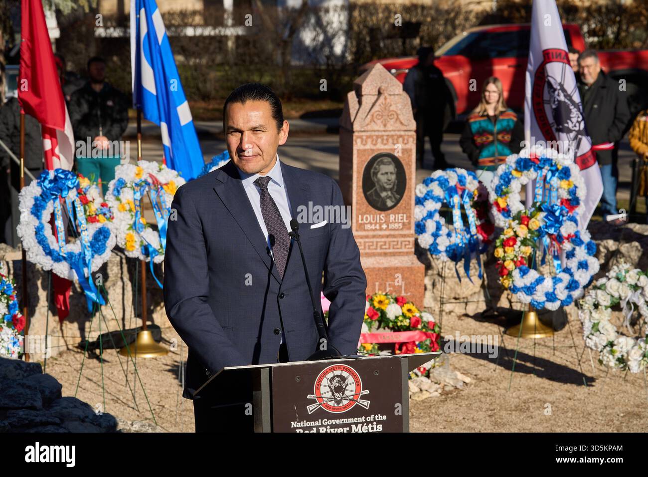 Premier of Manitoba Wab Kinew speaks at the Louis Riel Commemoration Event in Winnipeg on Sunday ...