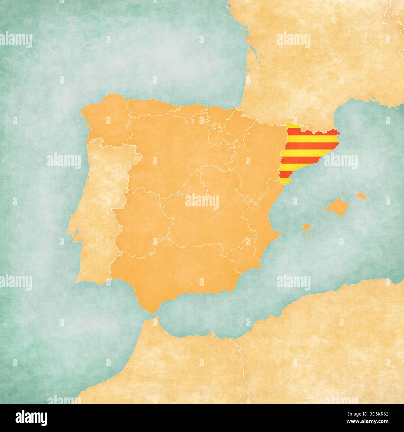 Catalonia (Catalan flag) on the map of Spain in soft grunge and vintage ...