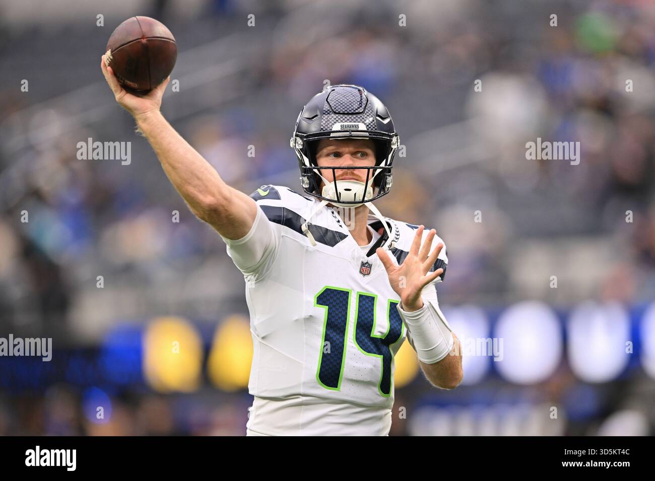 Seattle Seahawks quarterback Sam Darnold warms up prior to an NFL ...