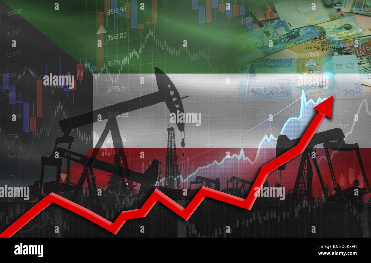 Oil production with Kuwaiti flag, petrol industry. Oil pumps with ...