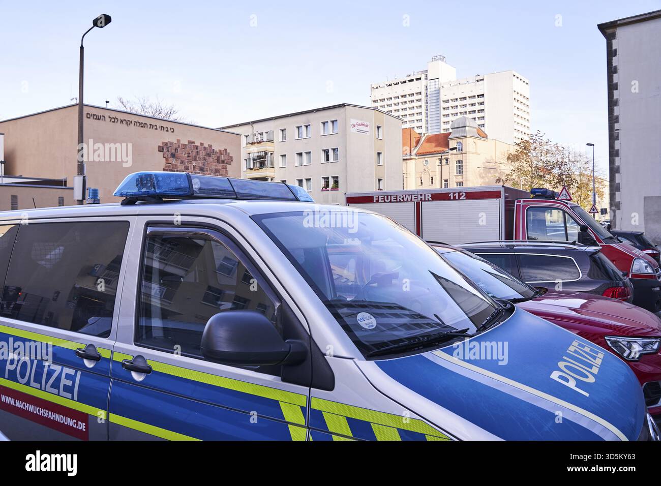 Police and fire department in front of synagogue community in Magdeburg ...