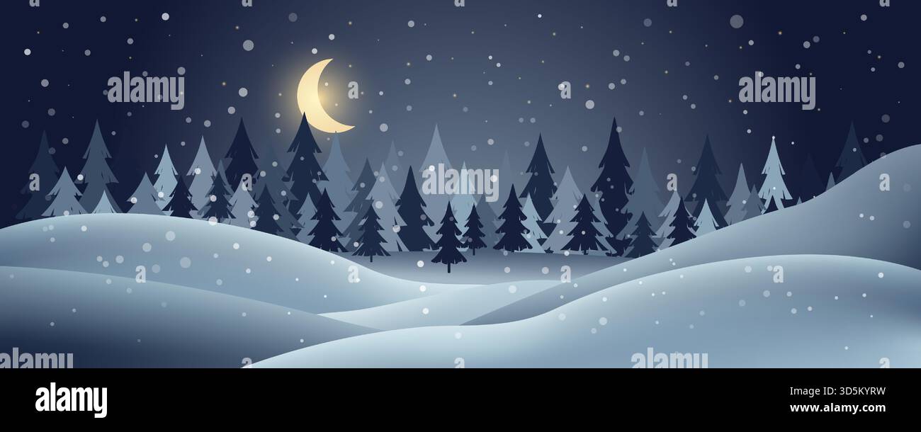 Winter night landscape with snowy forest, pine trees, snowdrifts and ...