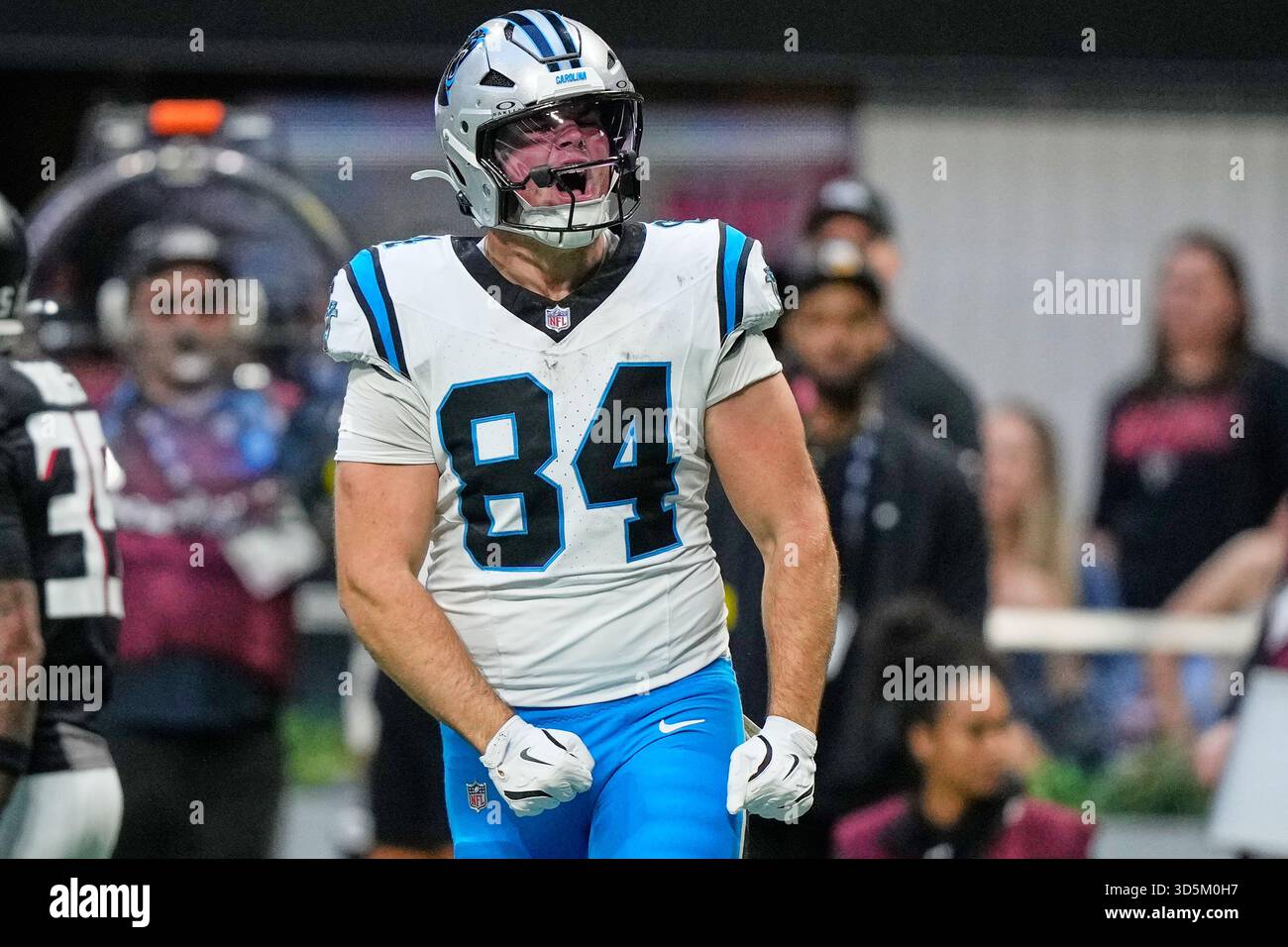 Carolina Panthers tight end Mitchell Evans (84) celebrates a reception ...