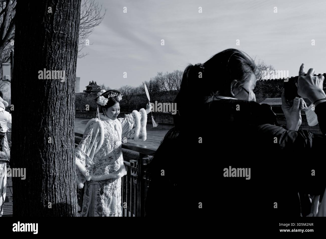 Hanfu pose by the Forbidden City moat, winter light in black and white ...