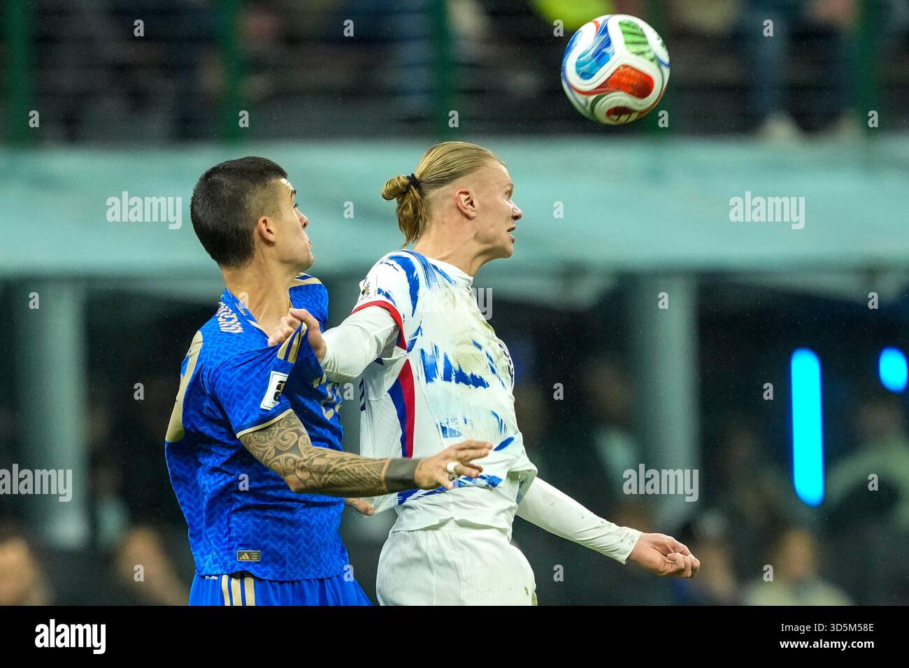 Milan , Italy 20251116. Italy's Gianluca Mancini and Norway's Erling ...