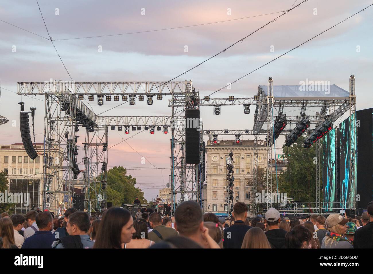 Outdoor concert stage setup with crowd at public event - Chisinau ...