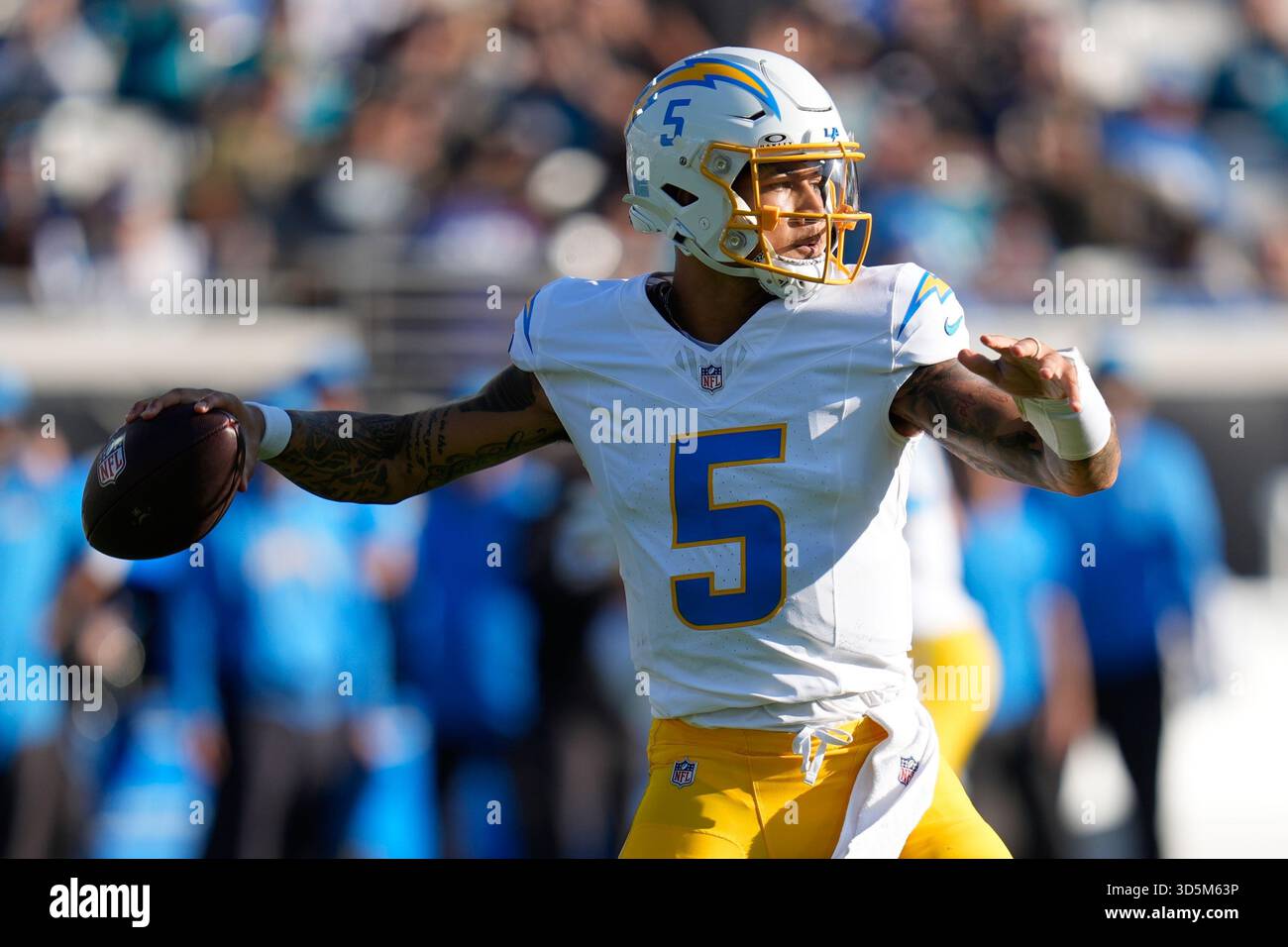 Los Angeles Chargers quarterback Trey Lance throws during the second ...