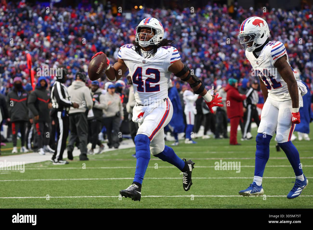 Buffalo Bills linebacker Dorian Williams (42) celebrates after a fumble ...