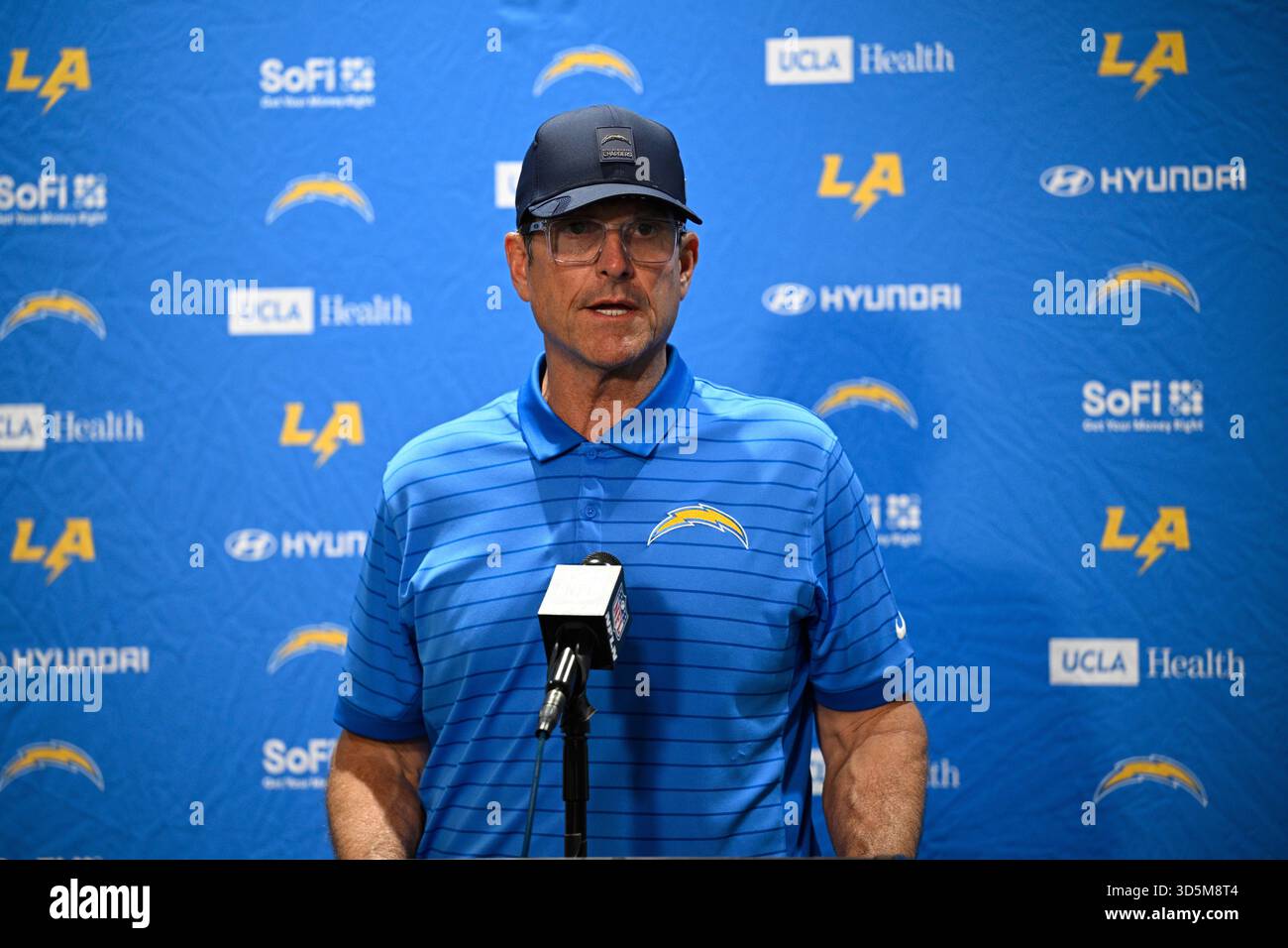 Los Angeles Chargers head coach Jim Harbaugh speaks during a news ...