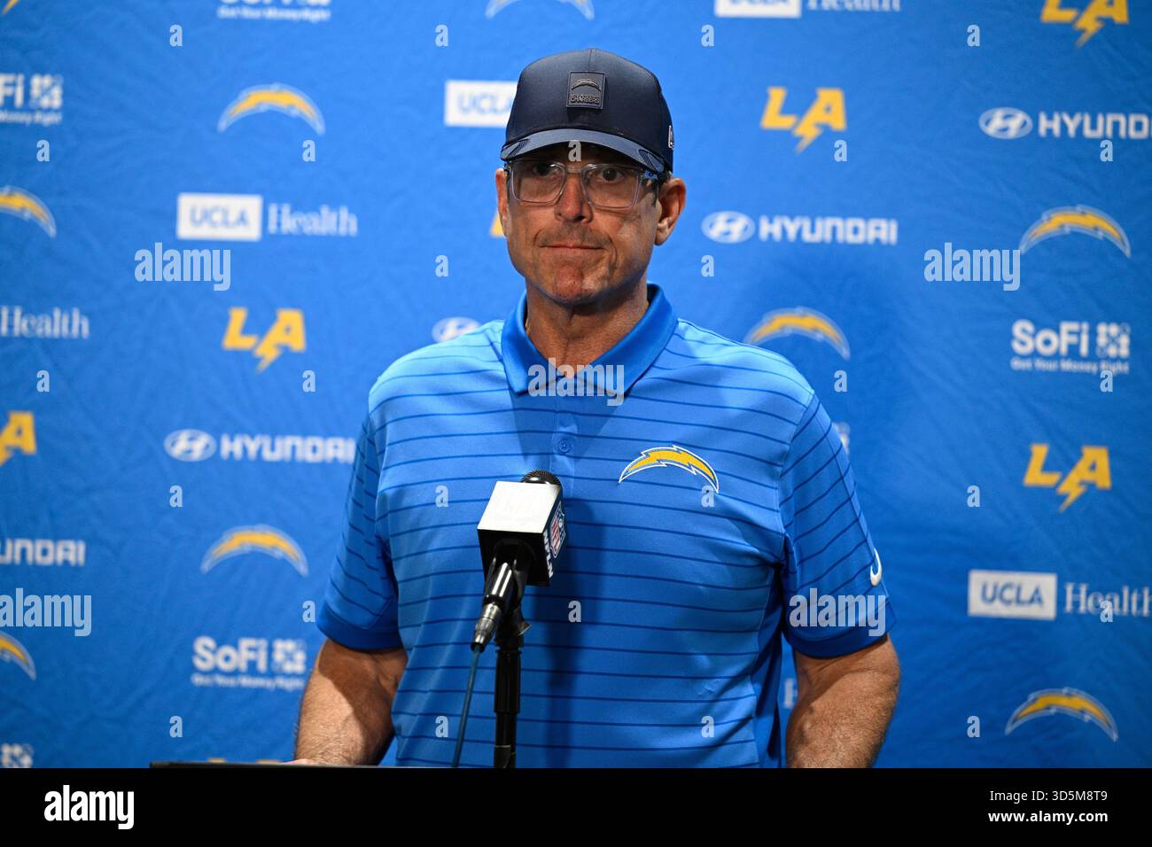 Los Angeles Chargers head coach Jim Harbaugh speaks during a news ...