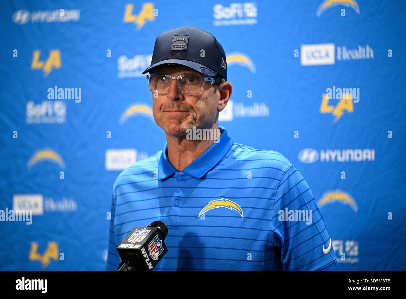 Los Angeles Chargers head coach Jim Harbaugh speaks during a news ...