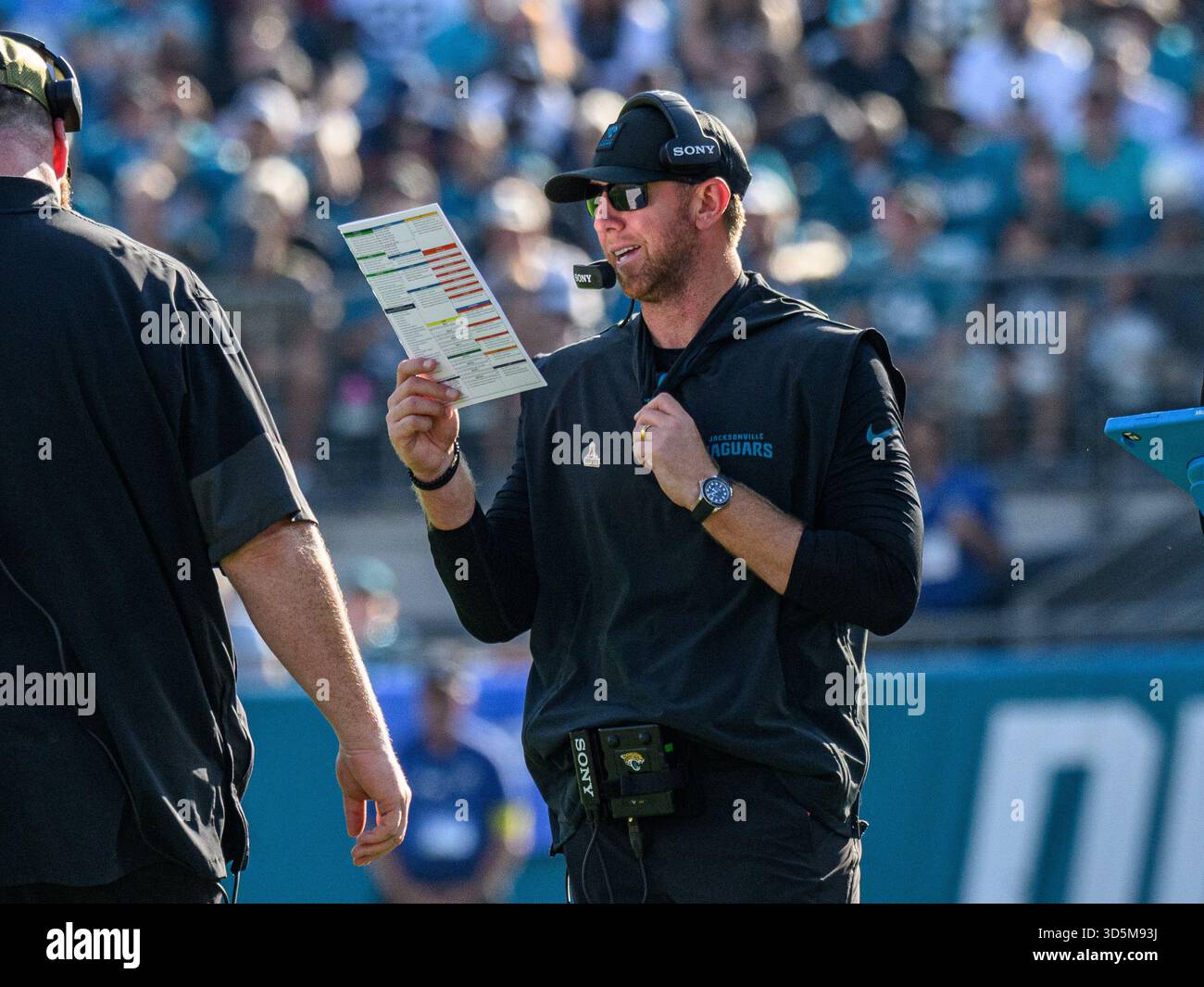 November 16, 2025: Jacksonville Jaguars head coach Liam Coen looks at ...