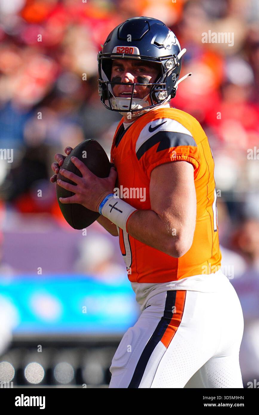 Denver Broncos quarterback Bo Nix drops back to pass during the first ...