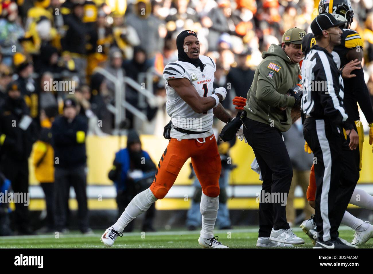 Cincinnati Bengals wide receiver Ja'Marr Chase (1) reacts after having ...