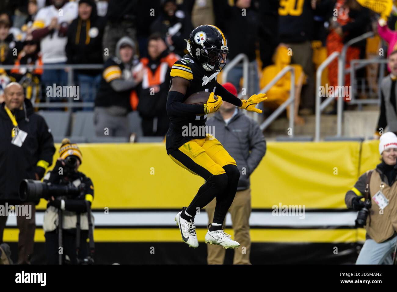 Pittsburgh Steelers cornerback James Pierre (42) front flips into the ...
