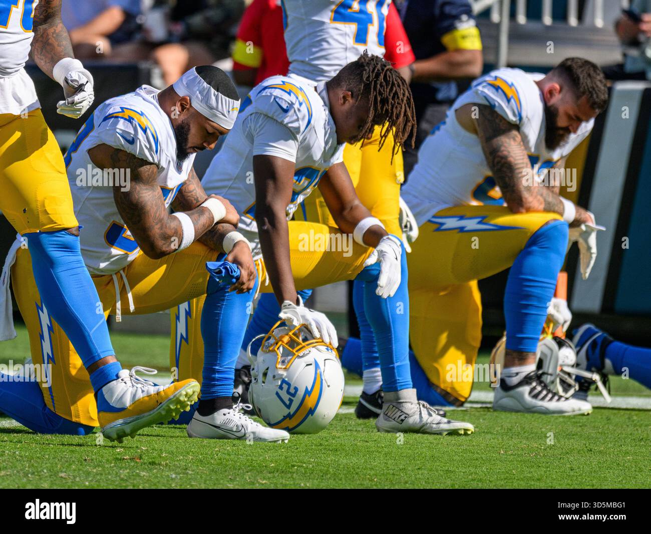 November 16, 2025: Los Angeles Chargers kneel in prayer before a game ...