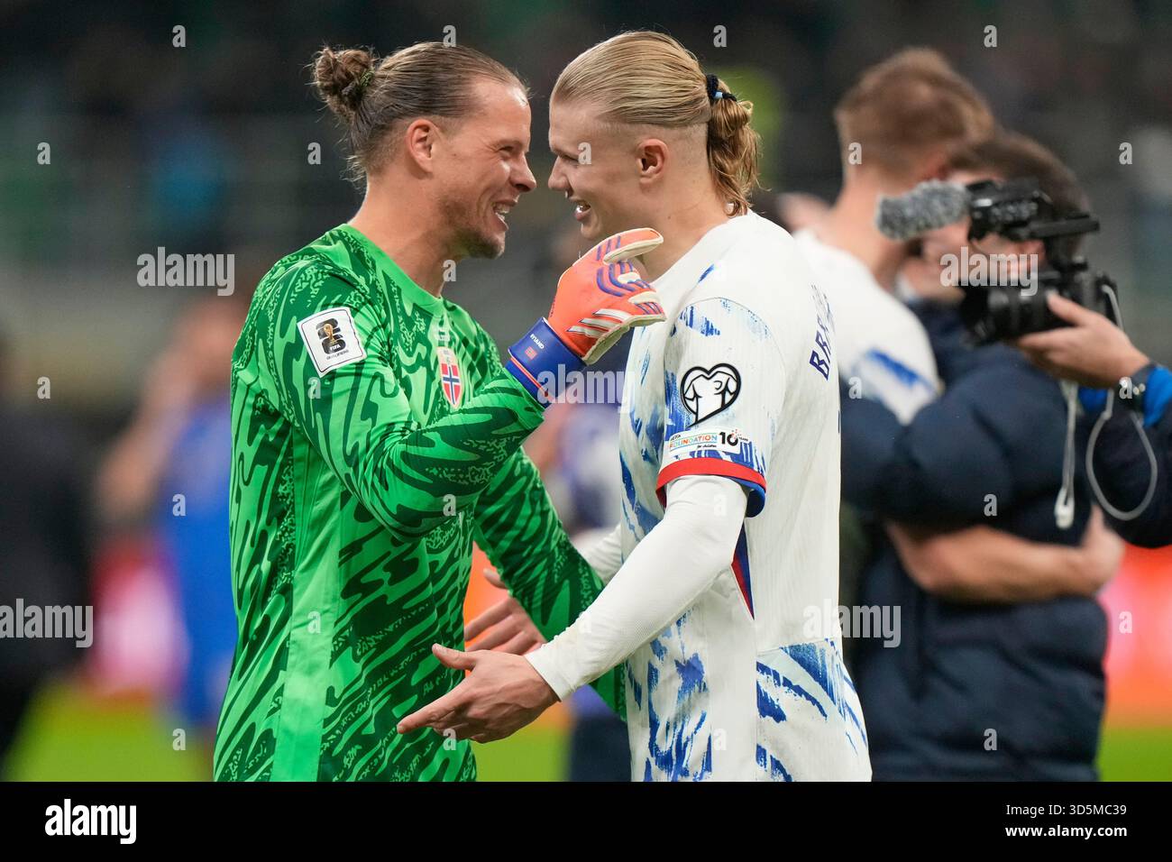 Norway's Erling Haaland, right, and goalkeeper Orjan Nyland celebrate ...