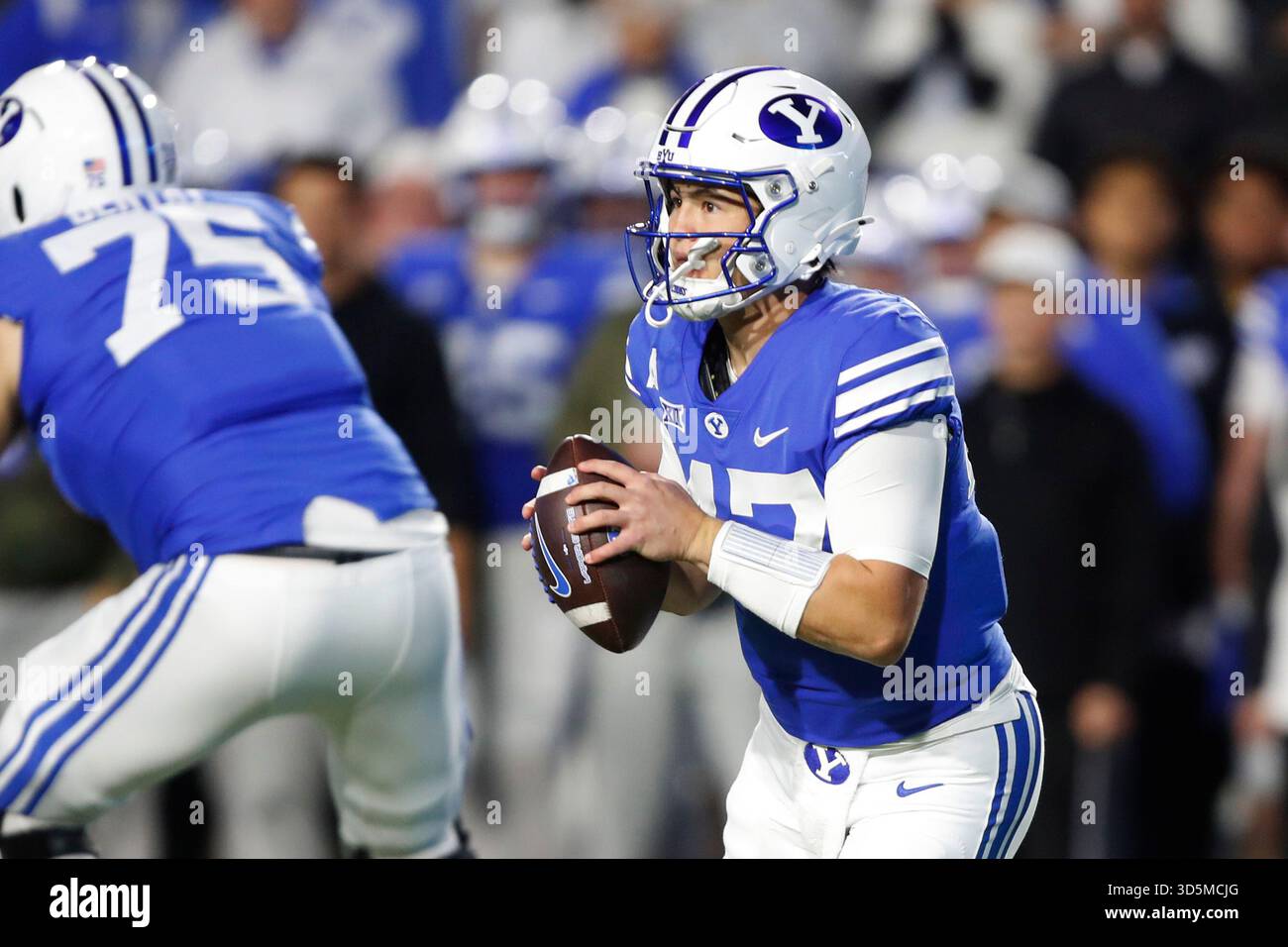 BYU quarterback Bear Bachmeier (47) looks to pass the ball during the first half of an NCAA ...