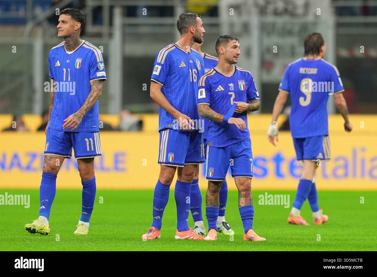 ItalyÕs Gianluca Scamacca , ItalyÕs Bryan Cristante , TtalyÕs Matteo Politano during the match ...