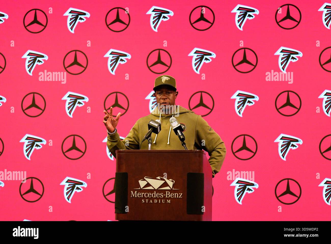 Atlanta Falcons head coach Raheem Morris talks to reporters after an ...
