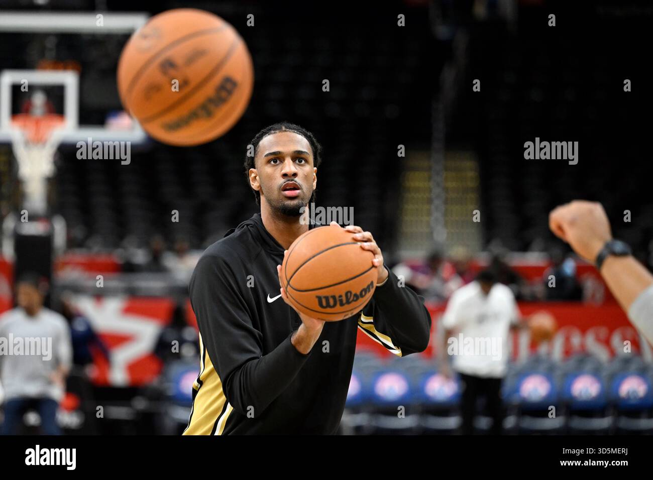 Washington Wizards center Alex Sarr warms up before an NBA basketball ...