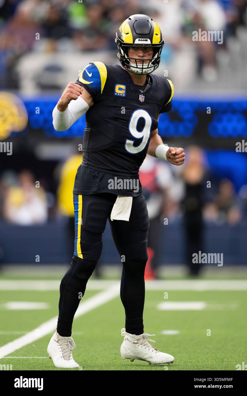 Los Angeles Rams quarterback Matthew Stafford (9) reacts after the team ...