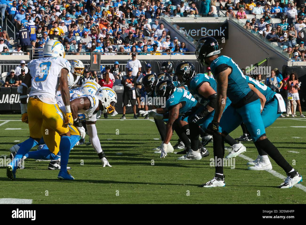 Los Angeles Chargers' defensive line, left, waits for the snap across ...