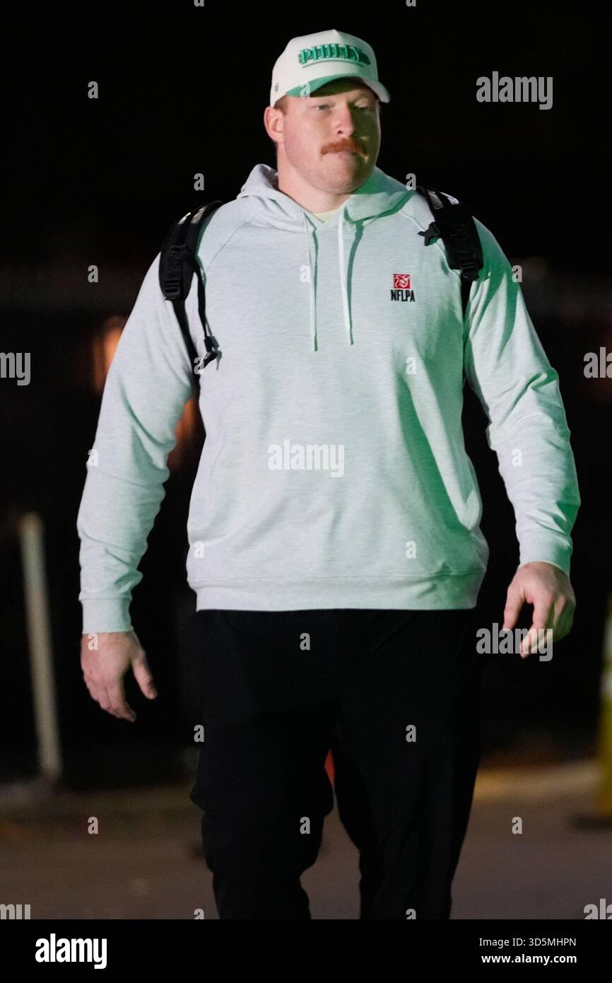 Philadelphia Eagles center Cam Jurgens arrives for an NFL football game ...