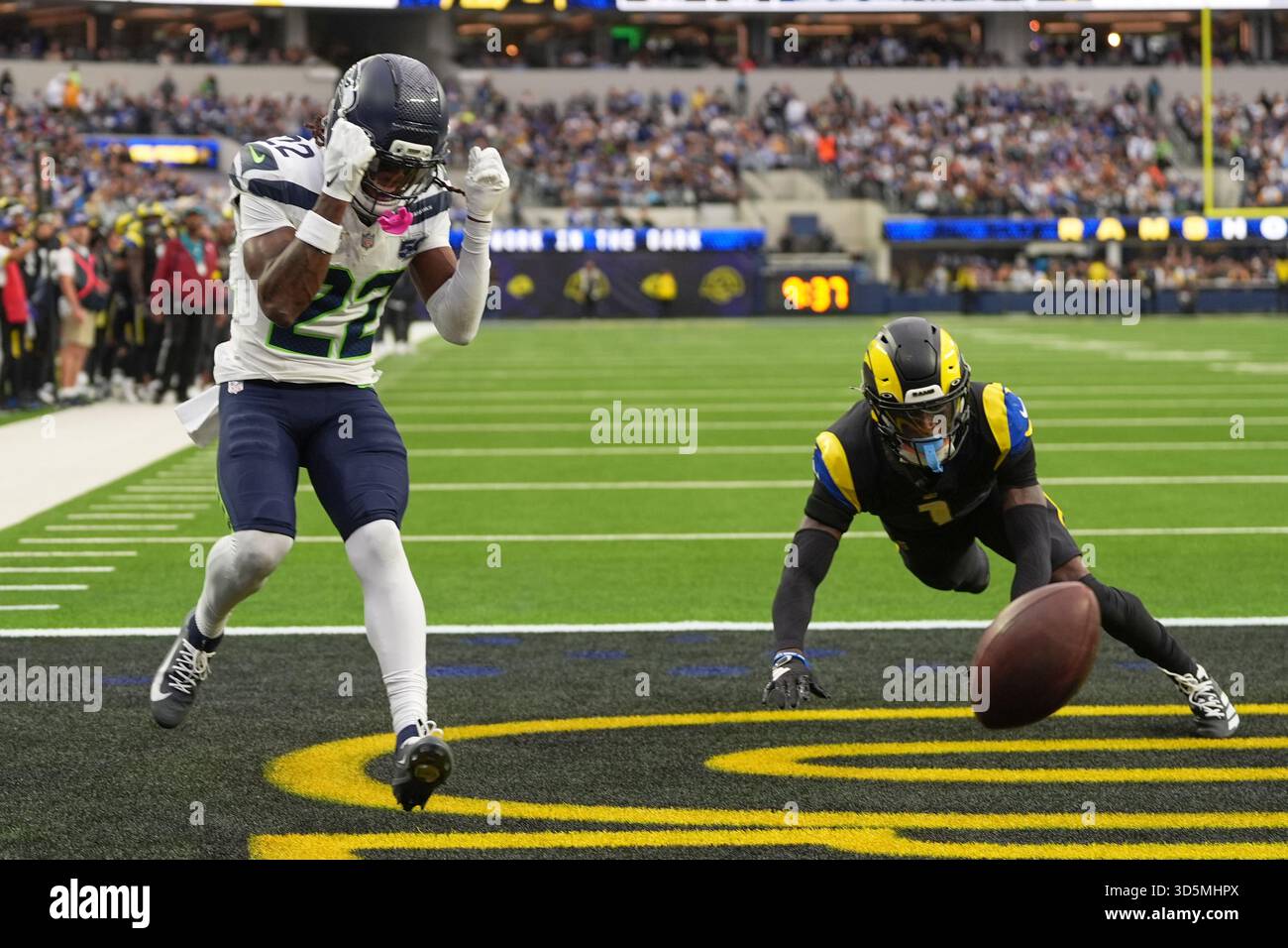 Seattle Seahawks wide receiver Rashid Shaheed, left, reacts after a ...