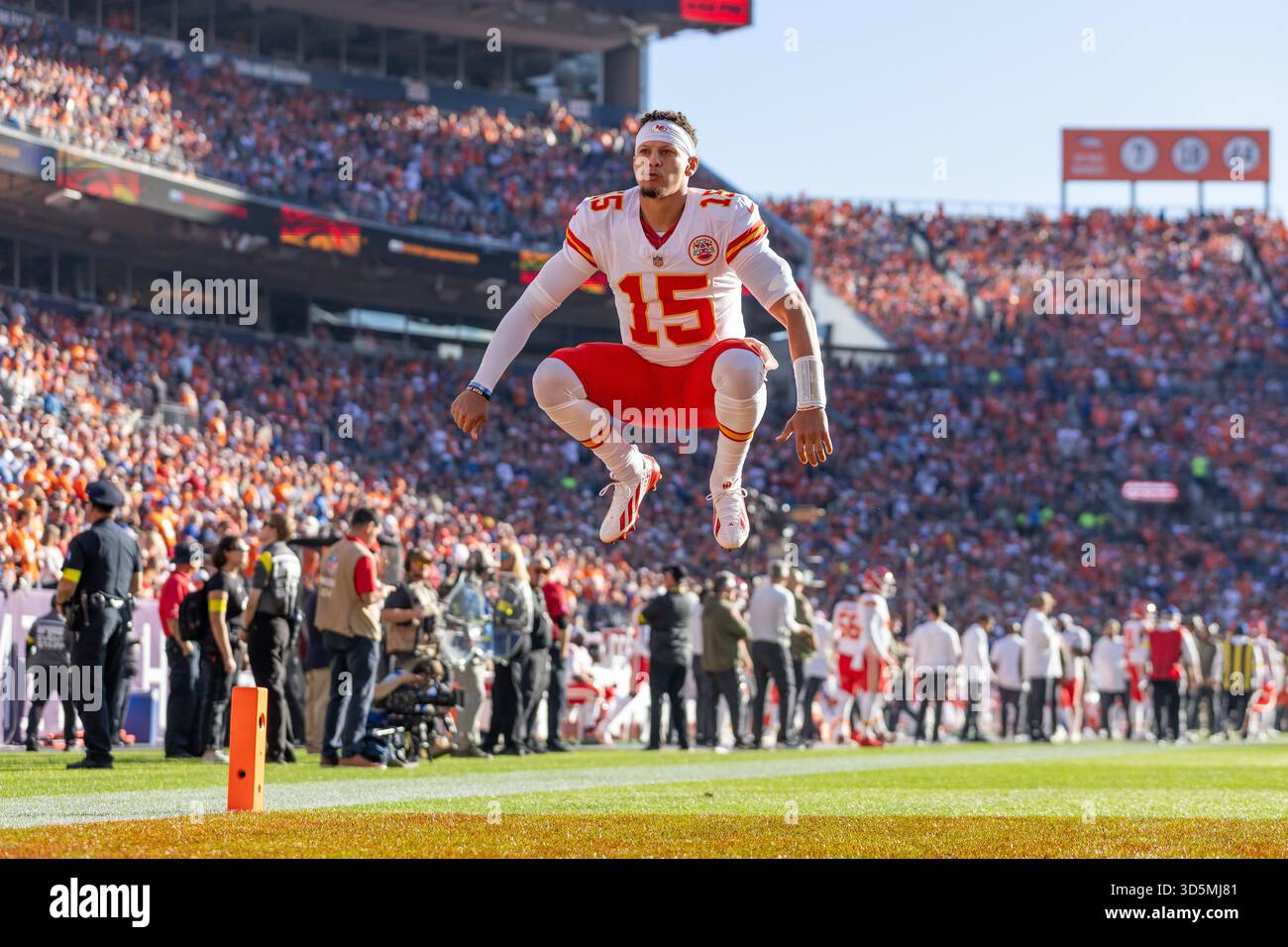 Kansas City Chiefs quarterback Patrick Mahomes jumps in the air before ...