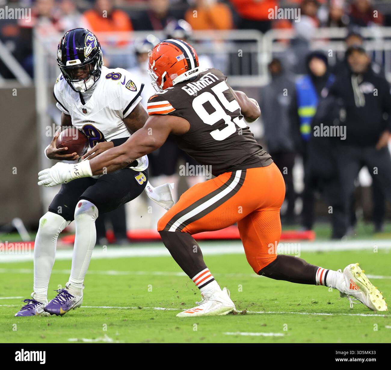 Cleveland Browns Myles Garrett (95) sacks Baltimore Ravens quarterback ...