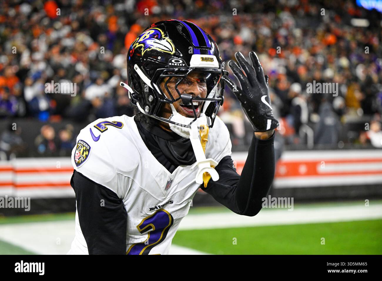 Baltimore Ravens cornerback Nate Wiggins celebrates afte intercepting a ...