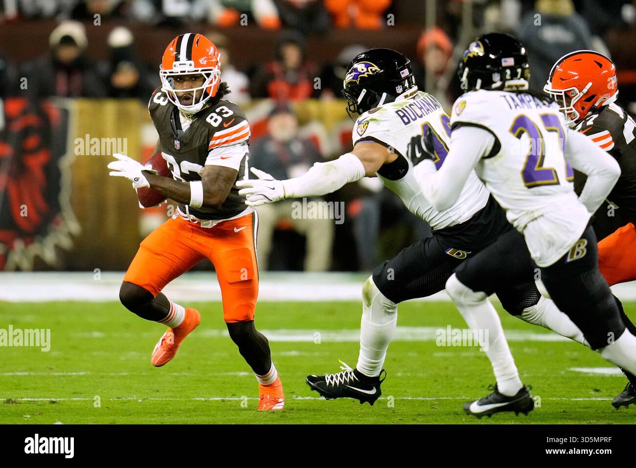 Cleveland Browns wide receiver Malachi Corley (83) gains yards after a ...