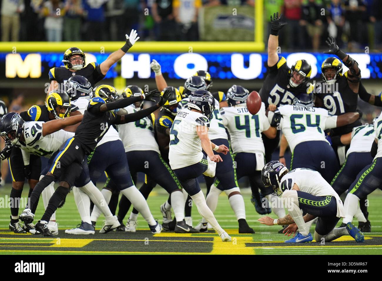 Seattle Seahawks kicker Jason Myers (5) misses a field goal with one ...