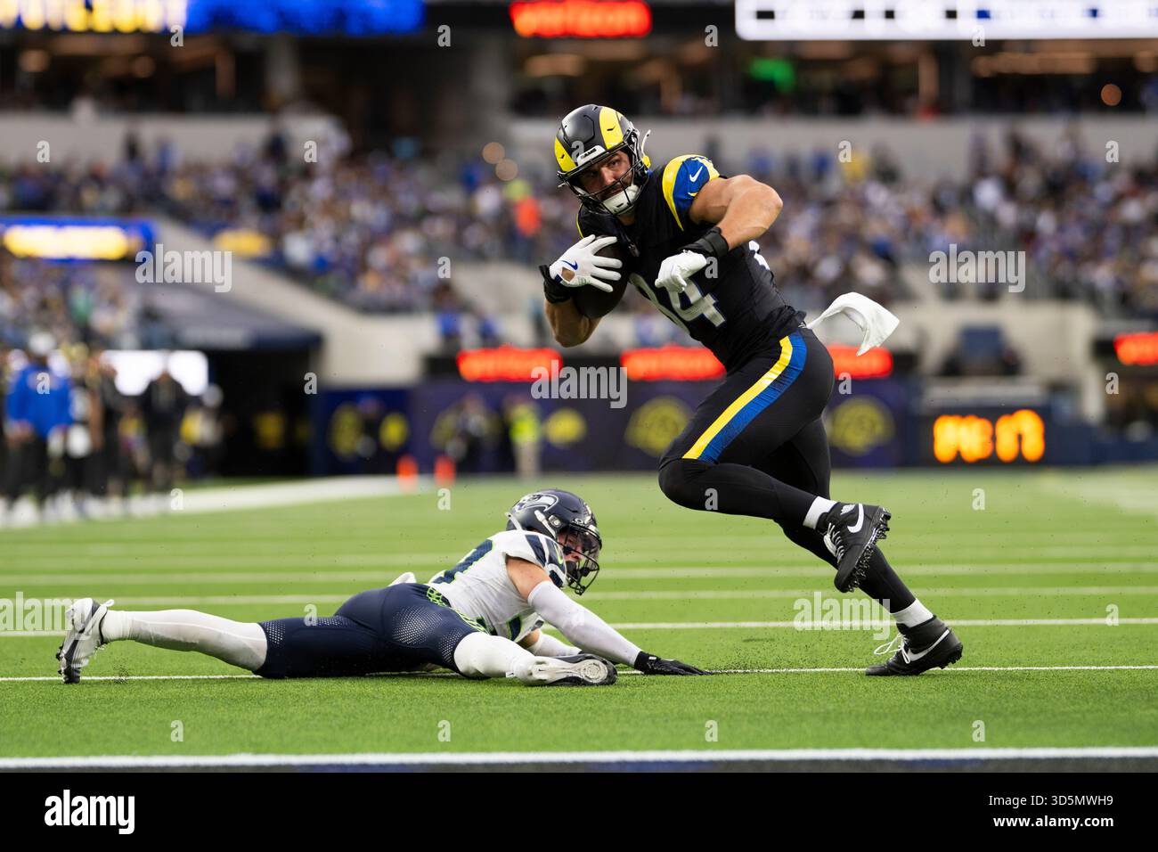 Los Angeles Rams tight end Colby Parkinson (84) runs with the ball past ...