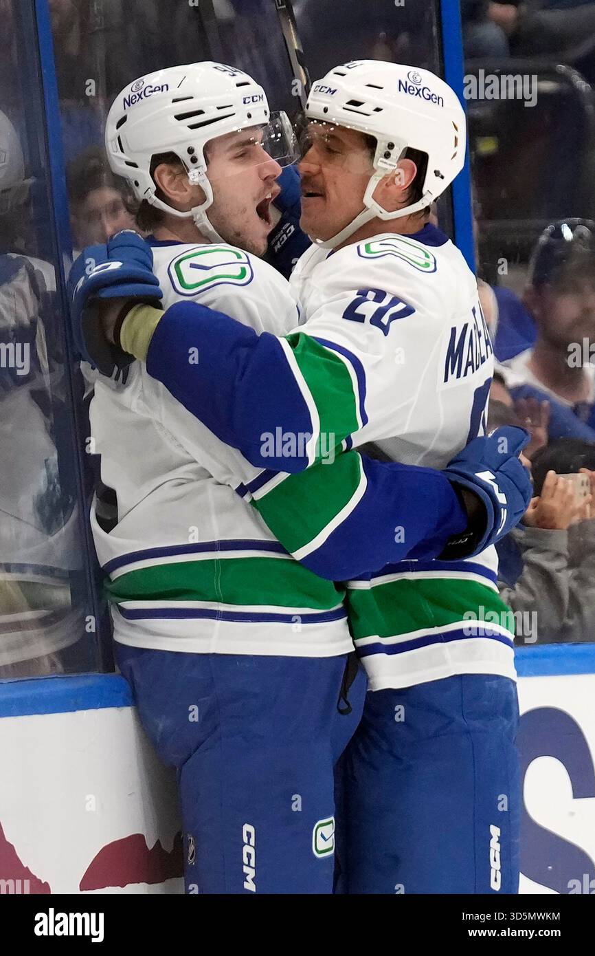 Vancouver Canucks center Linus Karlsson (94) celebrates his goal ...