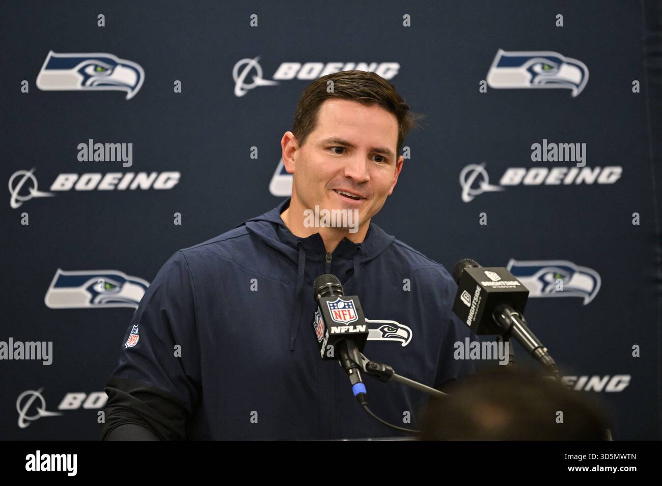 Seattle Seahawks head coach Mike MacDonald speaks during a news ...
