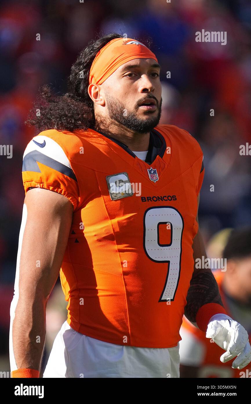 Denver Broncos safety Talanoa Hufanga (9) prior to the game against the ...