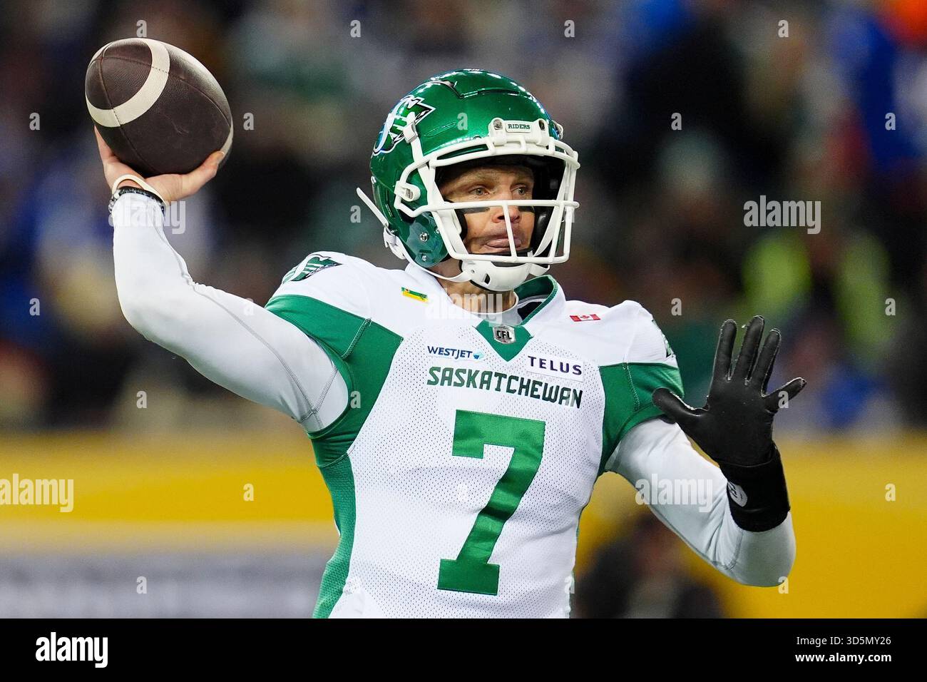 Saskatchewan Roughriders quarterback Trevor Harris (7) throws while ...