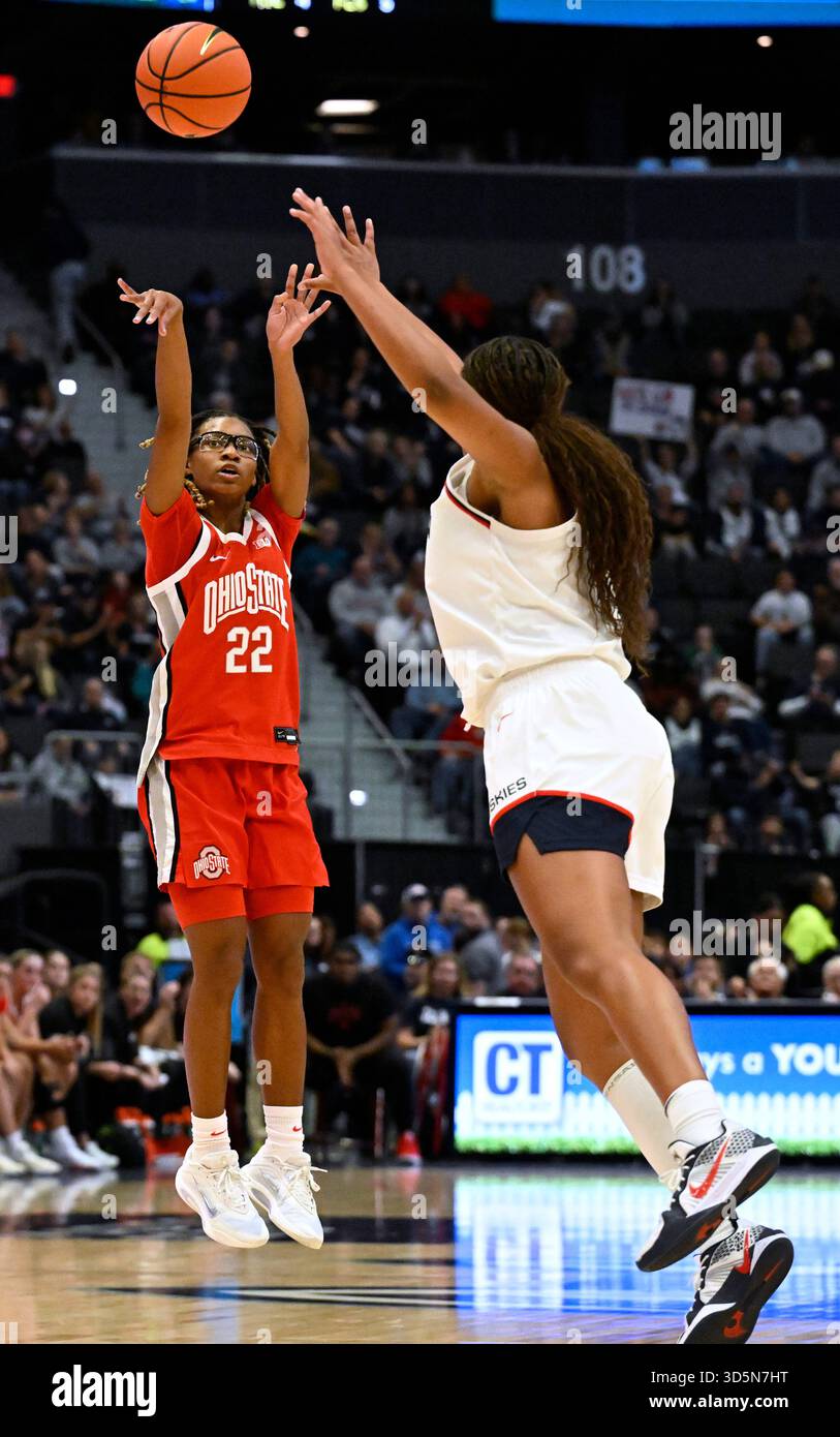 Ohio State guard Jaloni Cambridge (22) shoots over UConn forward Sarah ...