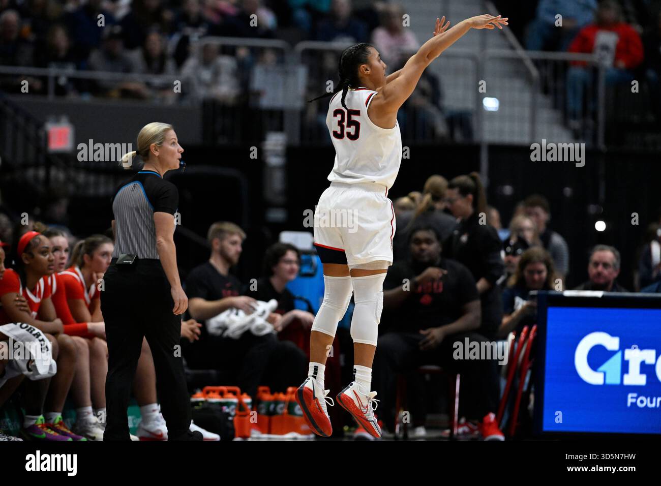 UConn guard Azzi Fudd (35) shoots in the first half of an NCAA college ...