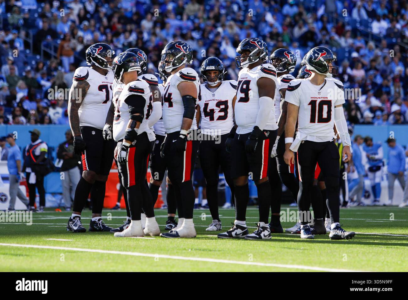 The Houston Texans offense huddles between plays during the second half ...