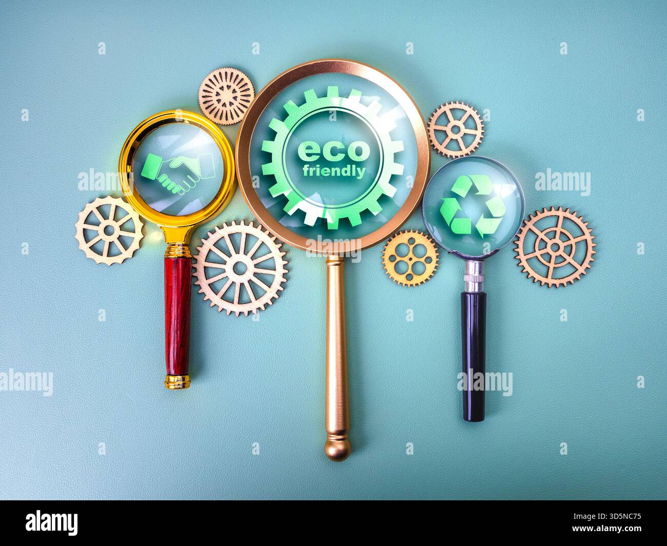 Magnifying glasses with eco icons and gears represent eco-friendly ...