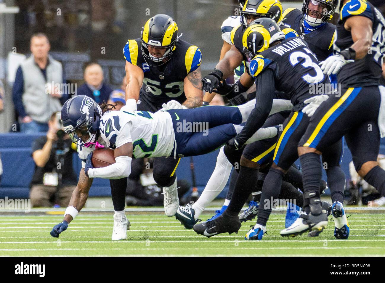 Seattle Seahawks wide receiver Rashid Shaheed (22) is brought down by ...